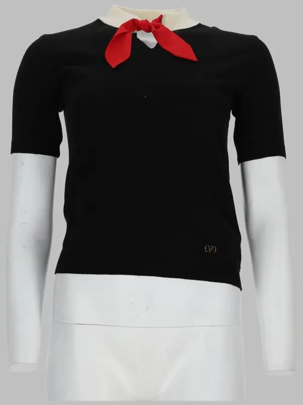 Valentino Garavani Wool Bow Detailed Short Sleeve Knit Pullover - Black