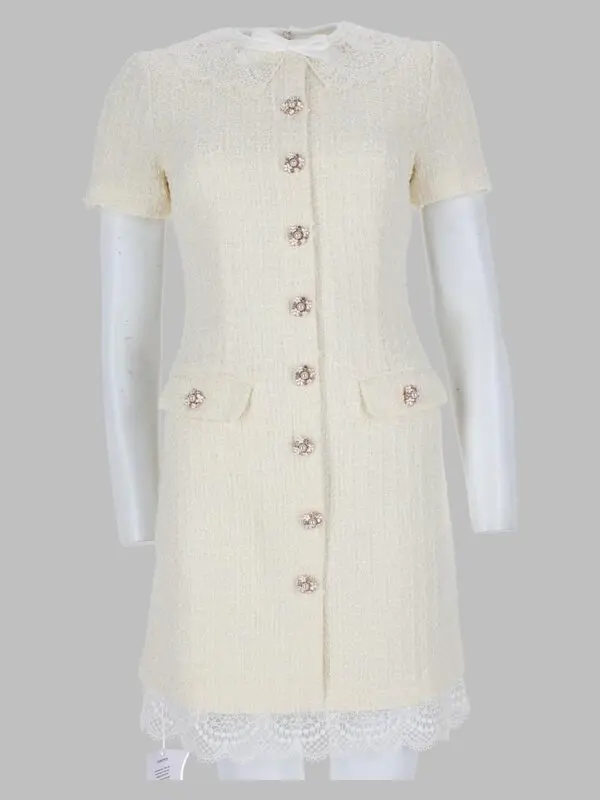 SELF-PORTRAIT Short Sleeve Lace Trimmed Tweed Dress - Cream
