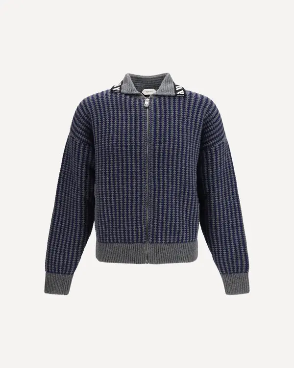 Versace Intarsia Wool Knit Zip Cardigan