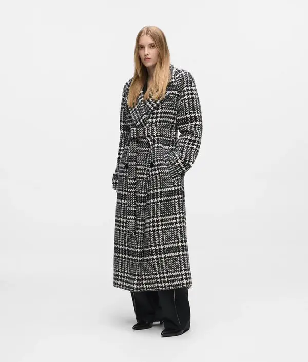 Karl Lagerfeld Houndstooth Long Wool-blend Coat - Black-white Houndstooth