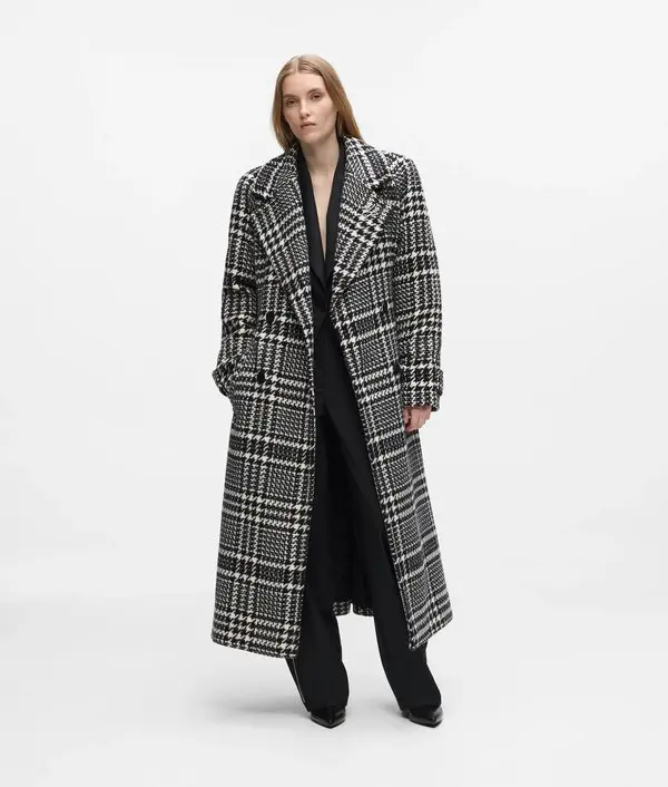 Karl Lagerfeld Houndstooth Long Wool-blend Coat - Black-white Houndstooth
