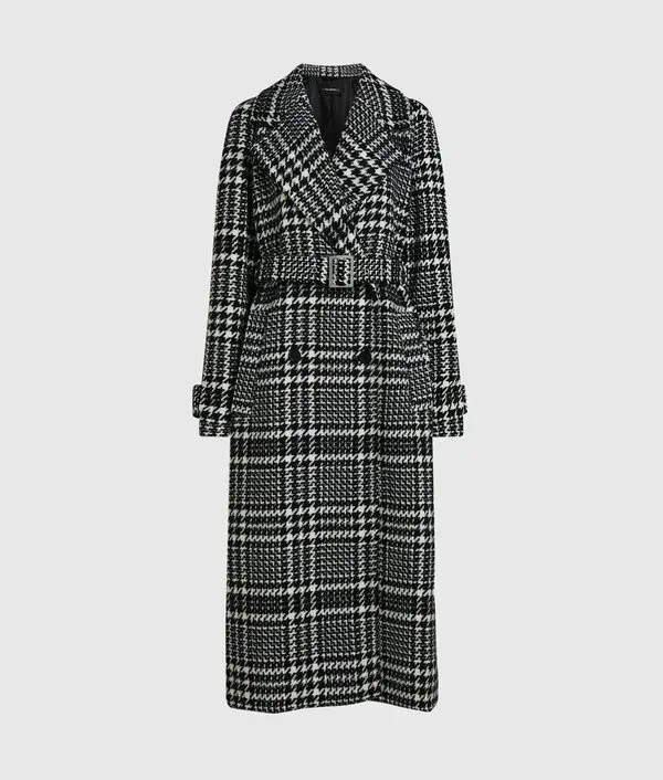 Karl Lagerfeld Houndstooth Long Wool-blend Coat - Black-white Houndstooth