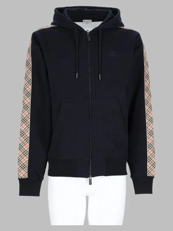 Burberry Hooded Zip-up Sweatshirt With Checkered Detail - Blue