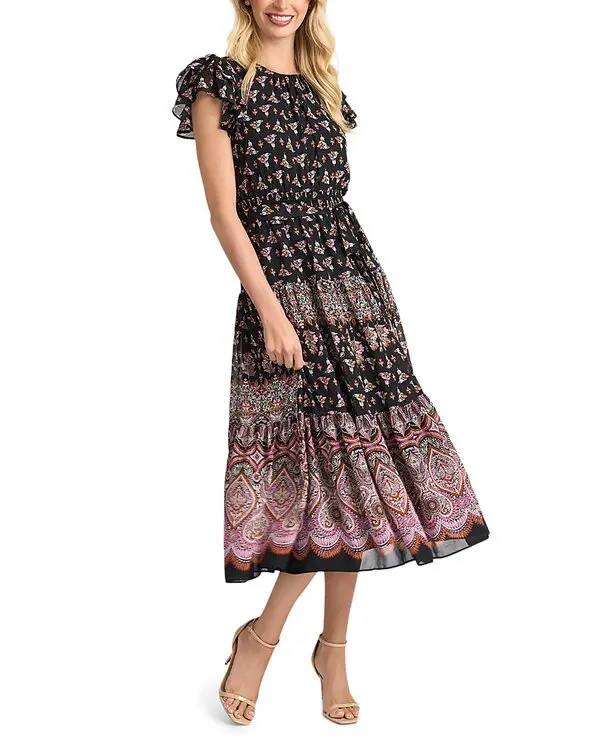 CECE DUPRAZ Printed Tiered Flutter Sleeve Tie Waist Dress