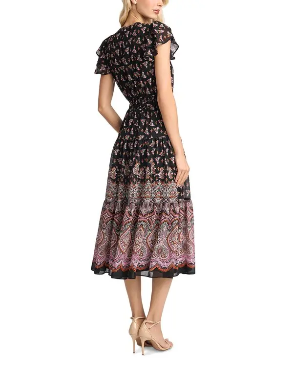 CECE DUPRAZ Printed Tiered Flutter Sleeve Tie Waist Dress