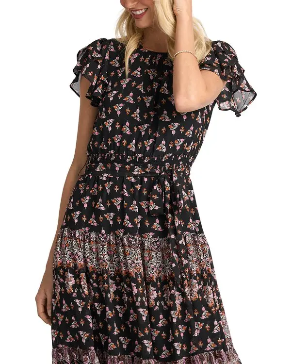 CECE DUPRAZ Printed Tiered Flutter Sleeve Tie Waist Dress