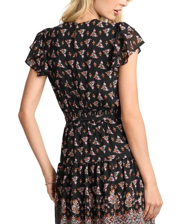 CECE DUPRAZ Printed Tiered Flutter Sleeve Tie Waist Dress