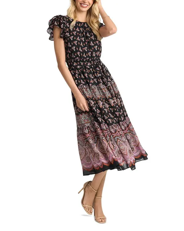 CECE DUPRAZ Printed Tiered Flutter Sleeve Tie Waist Dress
