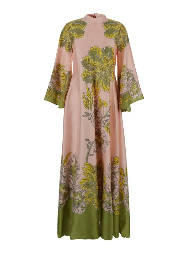 La DoubleJ Magnifico' Long Dress With Bow On The Back And All-over Floral Print In Silk For - Pink