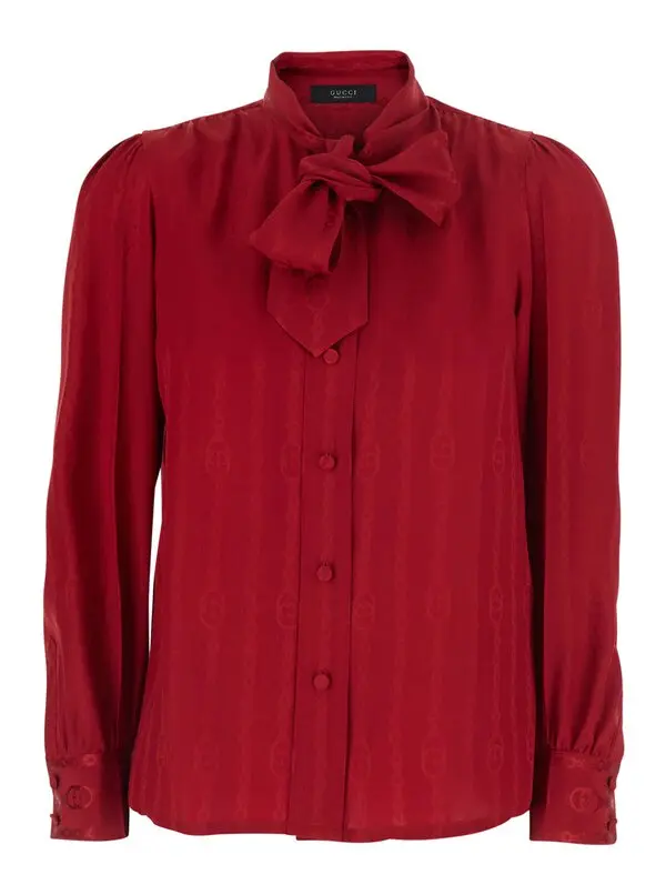 Gucci Red Shirt With Bow On The Front And Gg Chain Motif All-over In Silk For - Multicolor