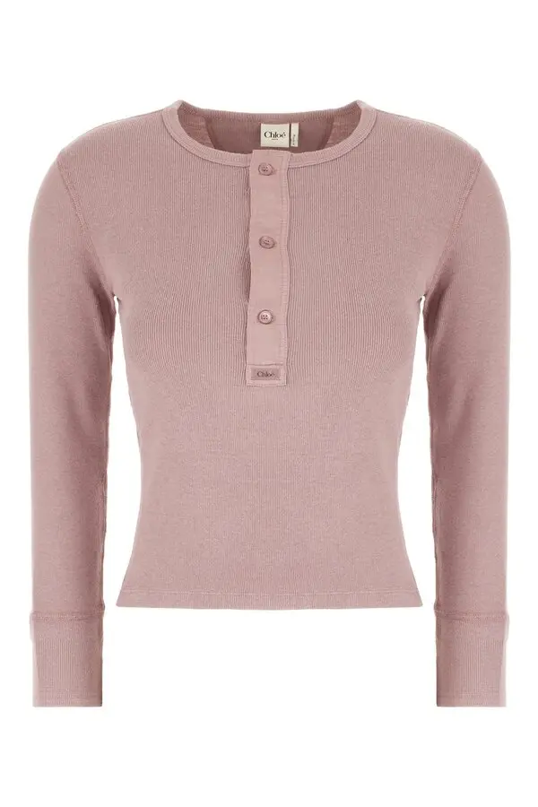 Chloé Ribbed Long Sleeve Henley Top - Multicolor