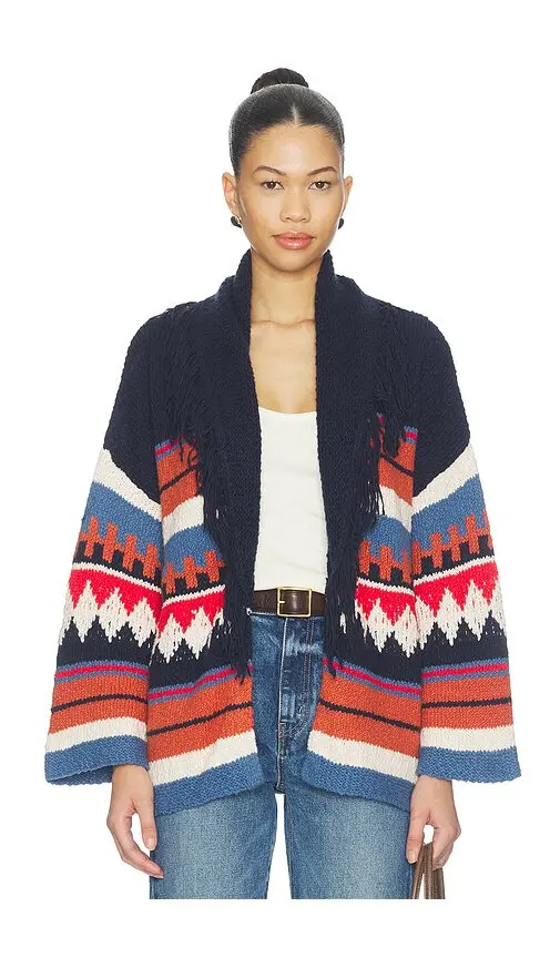 Autumn Cashmere Southwest Fringe Shawl Collar Wrap In Navy - Navy Multi