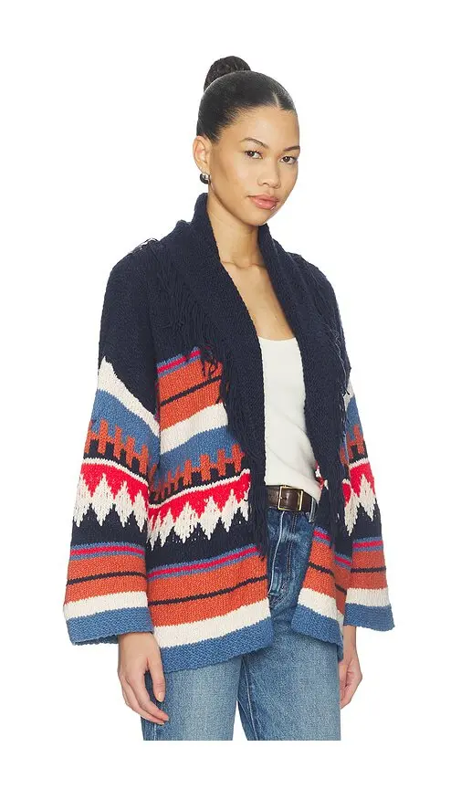 Autumn Cashmere Southwest Fringe Shawl Collar Wrap In Navy