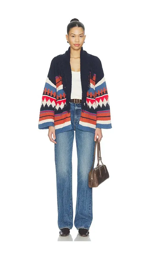 Autumn Cashmere Southwest Fringe Shawl Collar Wrap In Navy