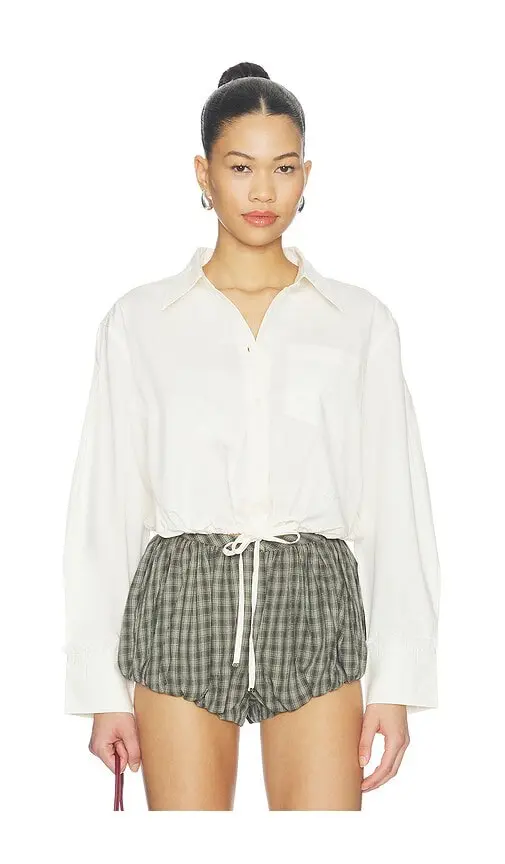 GANNI Stretch Cotton Cropped Bowling Shirt In Cream - Egret