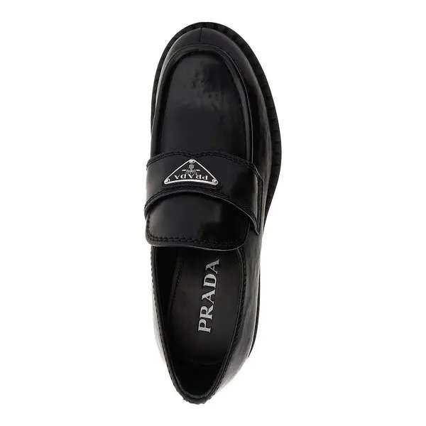 Prada Hammered Leather Triangle Logo Loafers