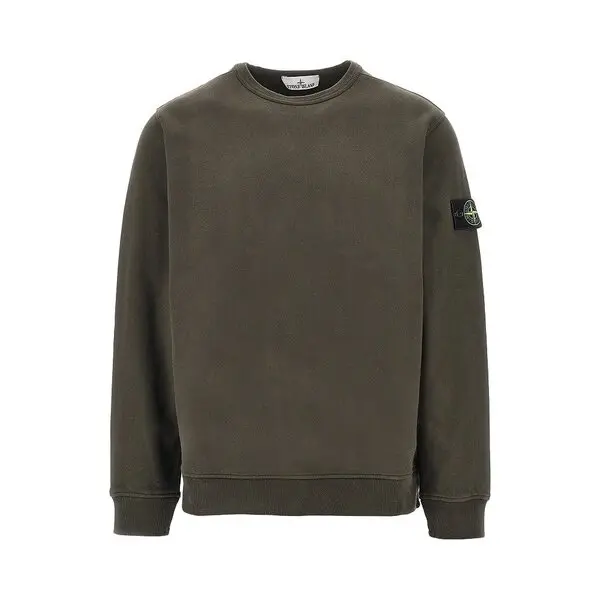 Stone Island Crewneck Cotton Weathirt With Logo Badge - Green