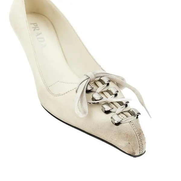 Prada Old-effect Leather Laced Pumps - White