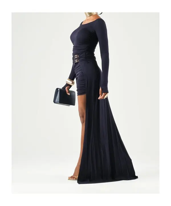 Elisabetta Franchi Asymmetric Dress With Pleated Logo Buckle