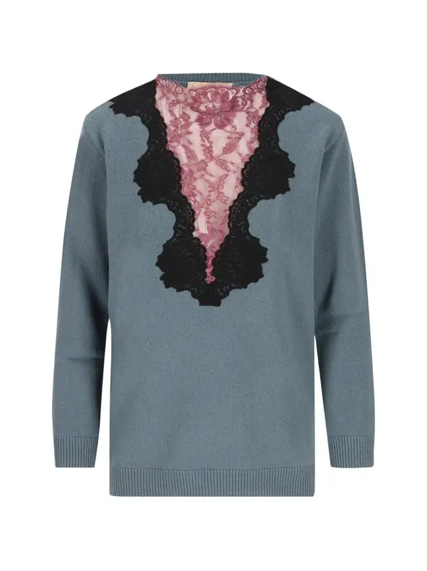 Valentino Garavani Wool Sweater With Lace Detail - Gray