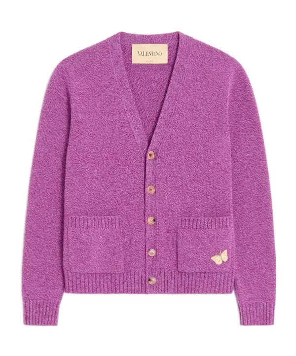 Valentino Garavani Mouliné Wool Cardigan With Embroidered Butterfly Patch