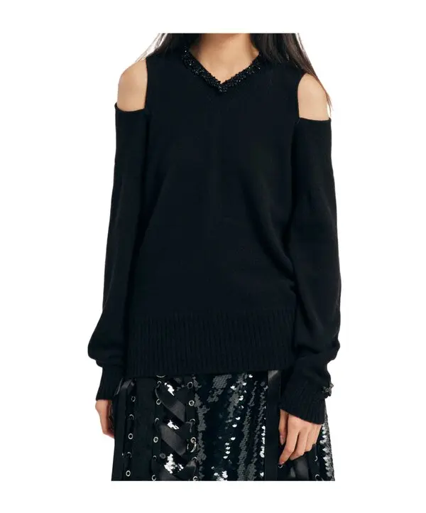 Simone Rocha Embellished Relaxed Cashmere Slash V-neck Jumper - Black