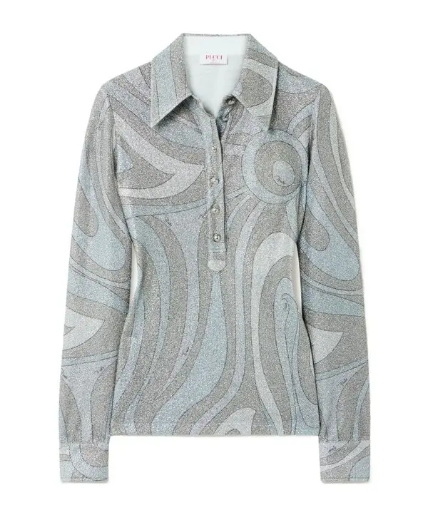 Emilio Pucci Printed Metallic Jersey Polo Shirt - Silver
