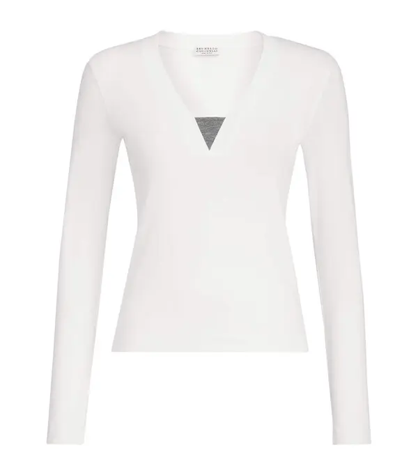 Brunello Cucinelli Monili Long-sleeve V-neck T-shirt - White