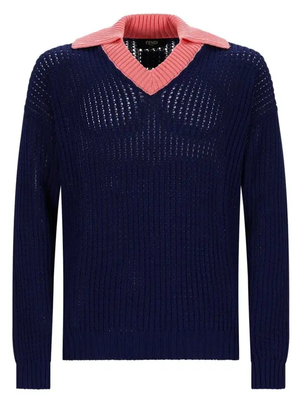 Fendi Cotton V-neck Pullover - Blue