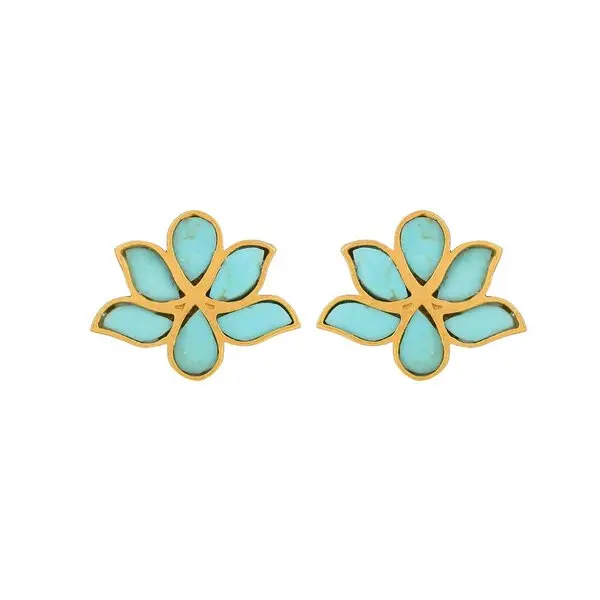 OPIUM JEWELS Gold / Blue Water Lotus Studs Arizona Turquoise - Gold/blue