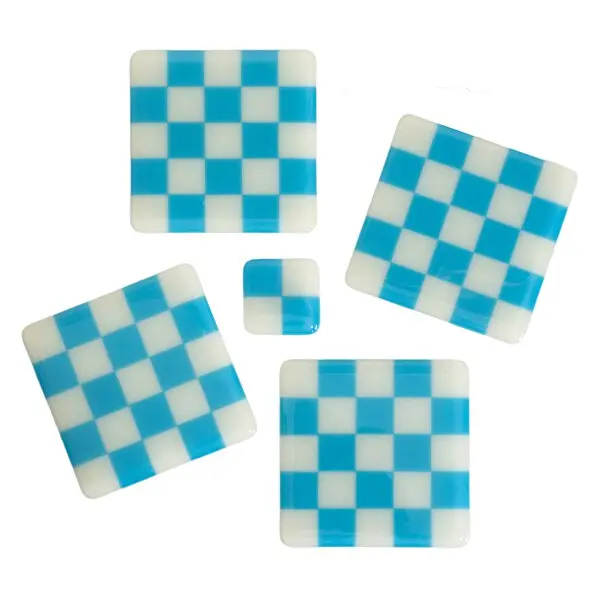 DAVID PERRY GLASS & CERAMICS Neutrals / Cream & Turquoise Chequered Glass Coasters - Blue