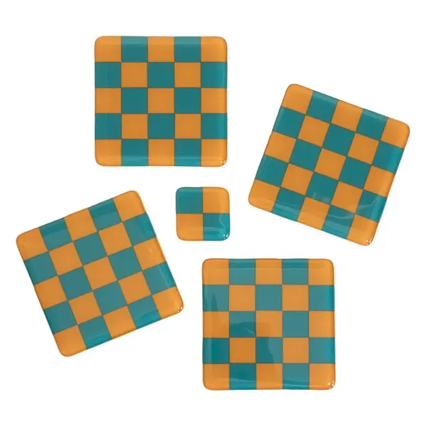DAVID PERRY GLASS & CERAMICS Orange / Green Persimmon & Peacock Green Chequered Glass Coasters
