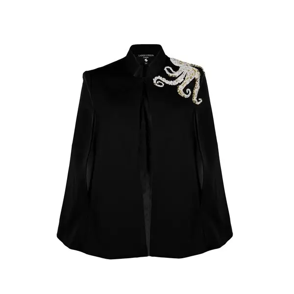 HOUSE OF LAINES LONDON Black / Gold / Neutrals Laines Couture Tailored Cape With Embellished White Octopus Shoulder Design - Black/gold