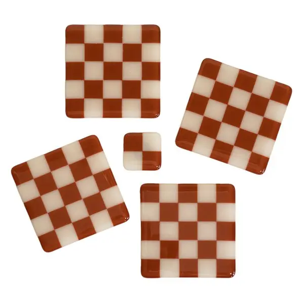 DAVID PERRY GLASS & CERAMICS Neutrals Terracotta & Cream Chequered Glass Coasters