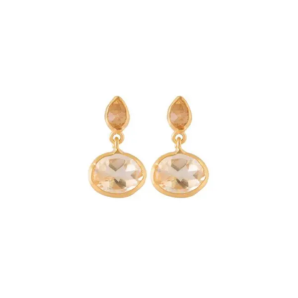 OPIUM JEWELS Gold / Pink Double Droplet Oval Studs Citrine
