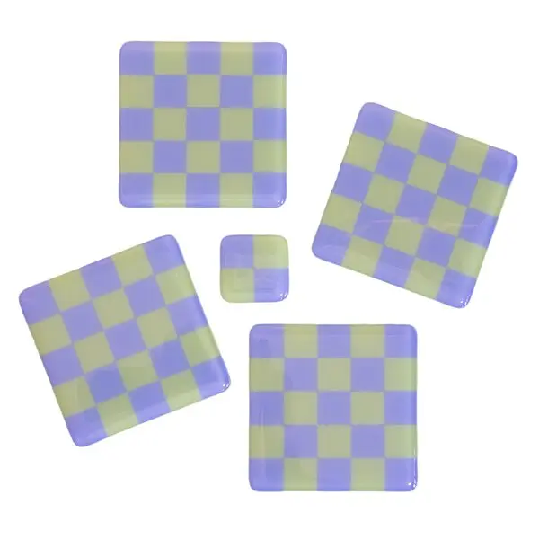 DAVID PERRY GLASS & CERAMICS Green / Blue Hydrangea & Pastel Green Chequered Glass Coasters