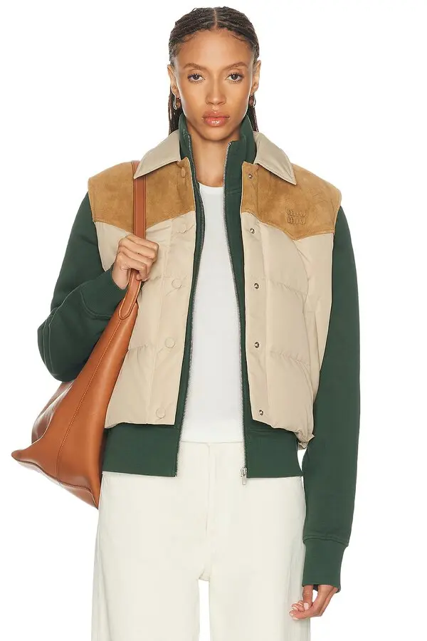 Miu Miu Tela Tec Piumino Pelle Vest In Brown - Corda