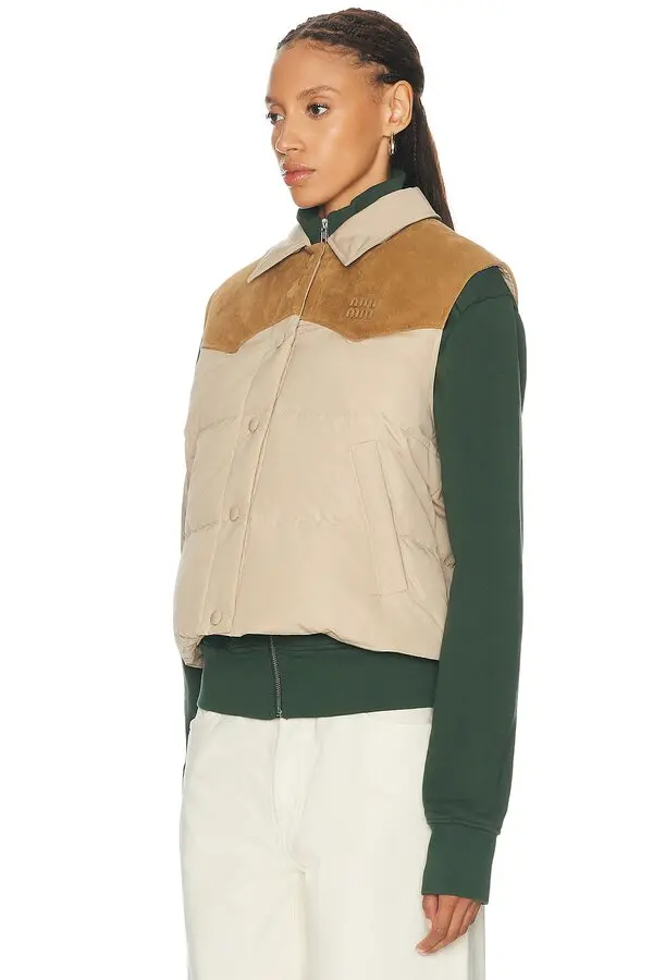 Miu Miu Tela Tec Piumino Pelle Vest In Brown