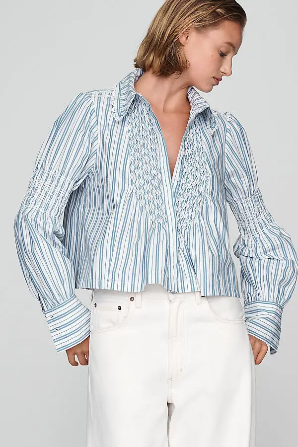 Maeve 100% Cotton Smocked Buttondown Shirt - Blue Stripe
