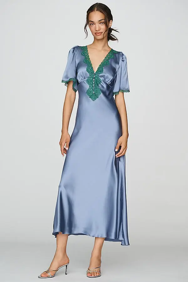 Anthropologie 100% Silk Sat Lace-trim Maxi Dress