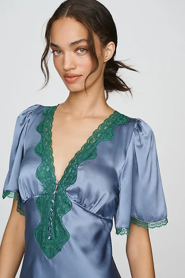 Anthropologie 100% Silk Sat Lace-trim Maxi Dress