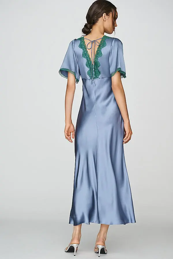Anthropologie 100% Silk Sat Lace-trim Maxi Dress