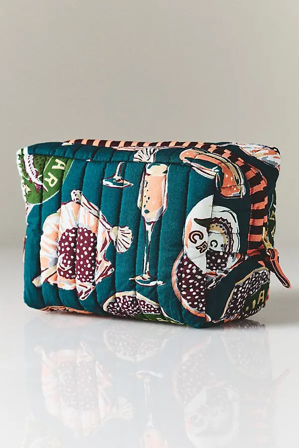 PRINTFRESH Champagne & Caviar Quilted Pouch - Peacock Feather