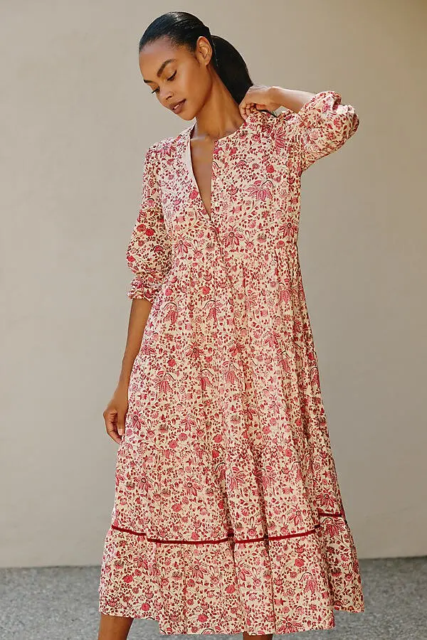 RO'S GARDEN Daphne 100% Cotton Midi Dress - Red Pattern