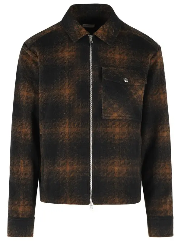 Moncler And Black Check Wool Blend Jersey Zip Shirt