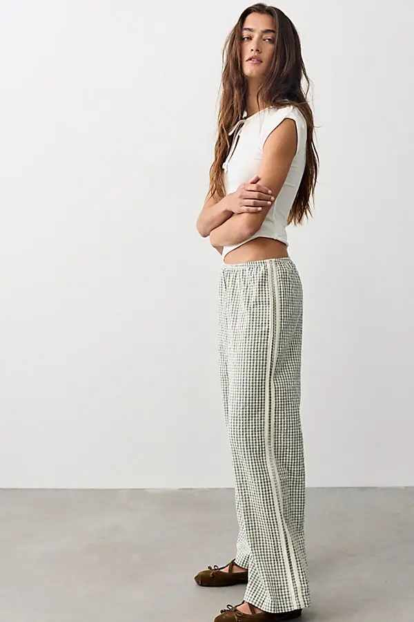 Donni. The Cotton Gingham Stripe Crop Pants - Dill