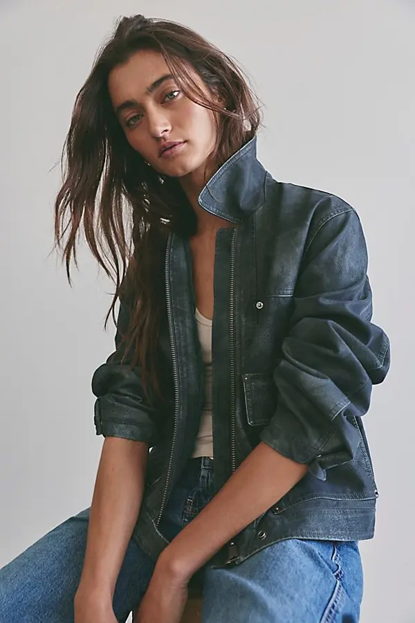 Free People Blair Vegan Leather Jacket - Navy Wave