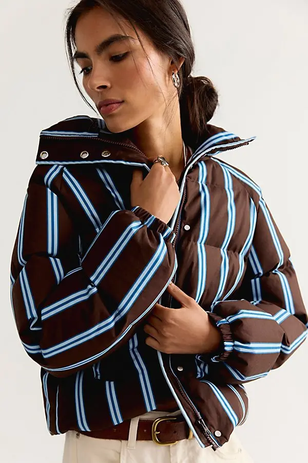 THE TINY BIG SISTER Striped Puffer Jacket - Brown