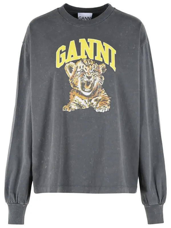 GANNI Grey Cotton Long-sleeved T-shirt - Gray