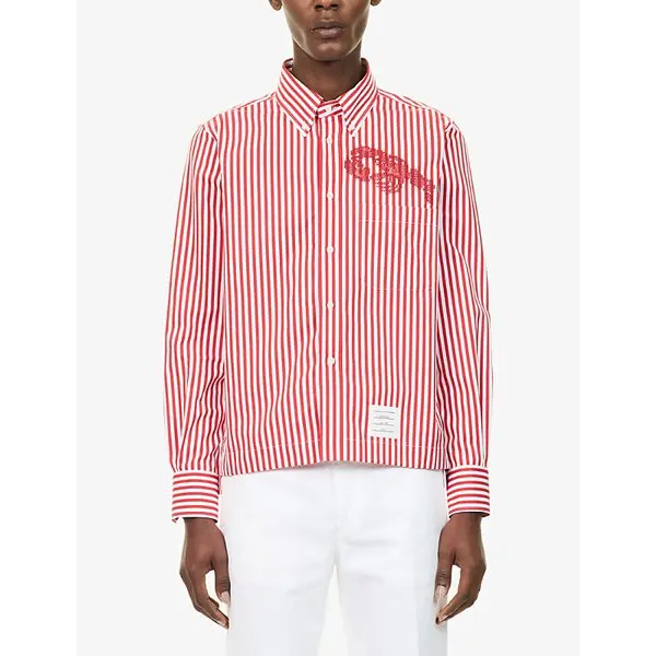Thom Browne Lobster-embroide Striped Cotton Shirt